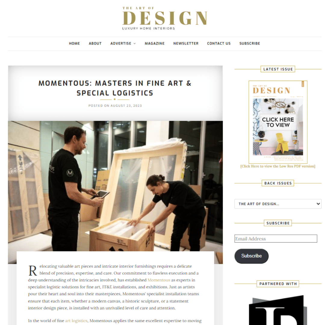 Momentous Spotlight in The Art of Design Magazine - Momentous